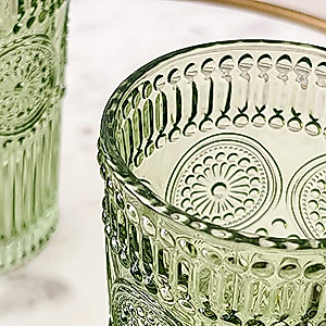 Vintage Textured Sage Green Striped Drinking Glasses Set of 6-13 oz Ribbed Glassware with Flower Design| Cocktail Set, Juice Glass, Water Tumbler