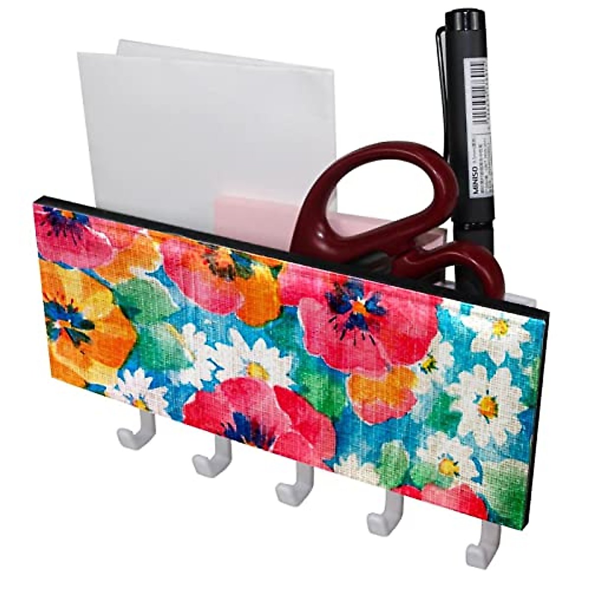 Hand Drawn Retro Colorful Flowers Background Mail Holder Organizer and Key Hooks PU Front, Self Adhesive Key Rack with 5 Hooks Perfect for Entryway, Hallway，Bathroom ，Kitchen