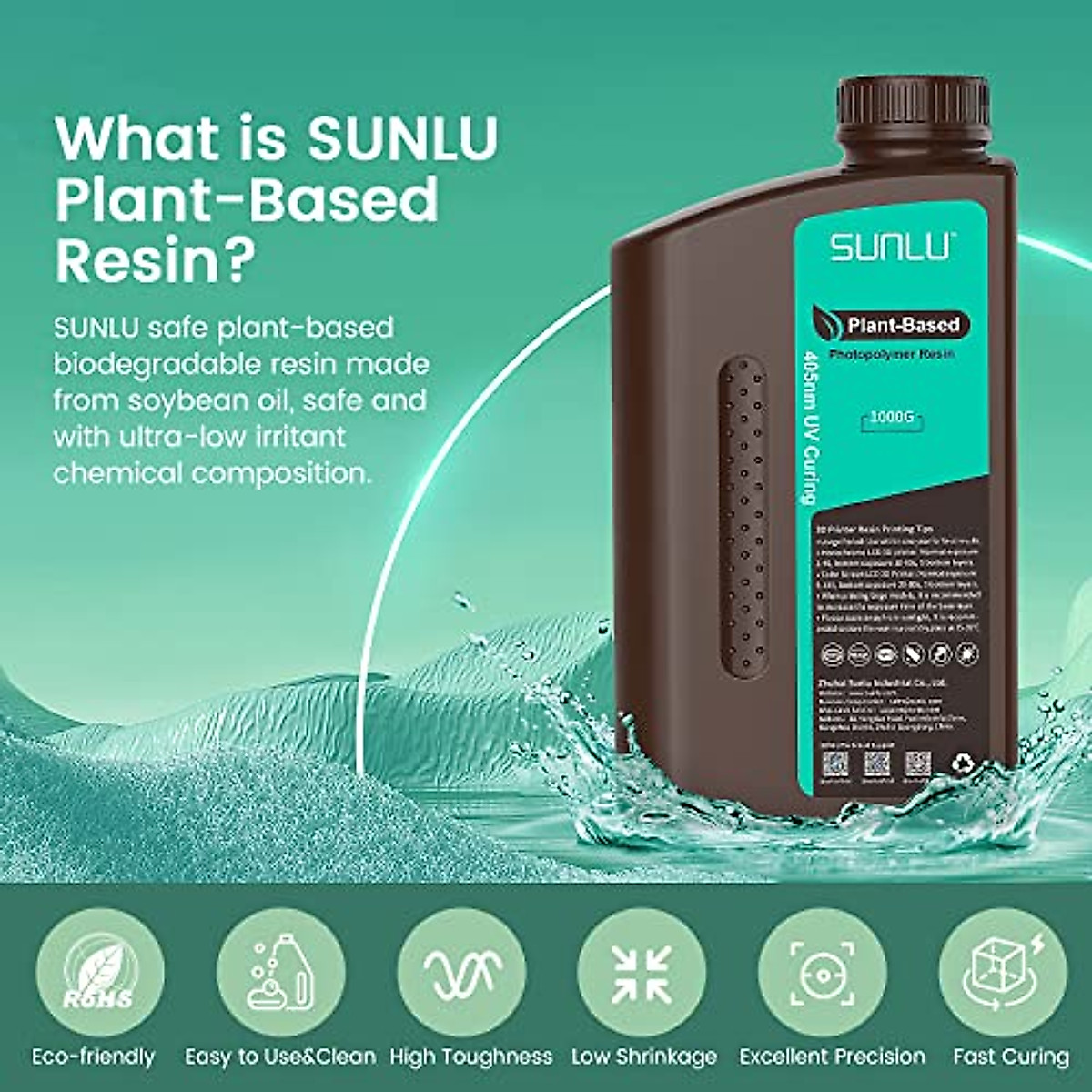 SUNLU 3D Printer Resin, Safe Plant-Based Biodegradable Resin: for LCD/DLP/SLA 3D Printing, 405nm UV Curing Polyamide Resin, Eco-Friendly, Low Shrinkage, Fast Curing Easy to Use, 1KG Grey