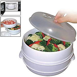 Dependable Industries 2 Tier Microwave Steamer Healthy Cooking Quick Fast Vegetables Meats Poultry Fish No Oil Needed! BPA FREE