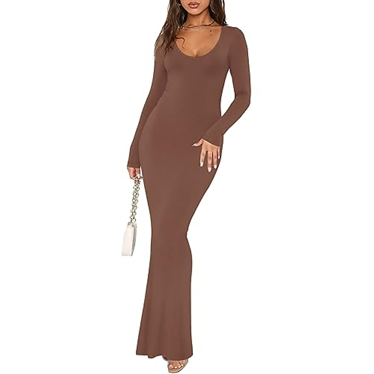 REORIA Women's Sexy Casual Scoop Neck Long Sleeve Lounge Long Dress Elegant Fall Wedding Guest Tight Ribbed Bodycon Maxi Dresses Coffee Small
