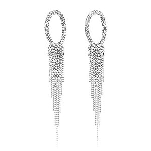 RIAH FASHION Sparkly Rhinestone Chandelier Drop Statement Earrings - Bridal Wedding Crystal Cubic Dangles Cascade, Teardrop, Fringe Tassel, Waterfall Duster (Oval Waterfall - Silver)