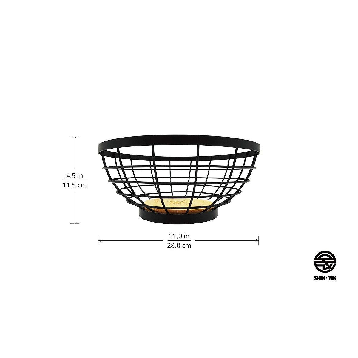 Large Wooden Fruit Bowl for Kitchen Countertop & Dining Room, Decorative Wooden Wire Basket for Living Room- ShinYik Japanese Zakka Style with Bamboo Wood and Rust Resistance Black Iron