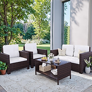 Devoko Patio Furniture Set 4 Pieces Outdoor Conversation Table and Chairs Wicker Patio Dining Sofa Set for Balcony Lawn Backyard