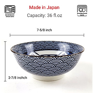 JapanBargain 4694, Large Japanese Porcelain Soup Bowls and Spoons Gift Set, Lucky Cat Pattern Ramen Bowls, Blue and Pink Color, Set of 2, Made in Japan, 36 Ounce