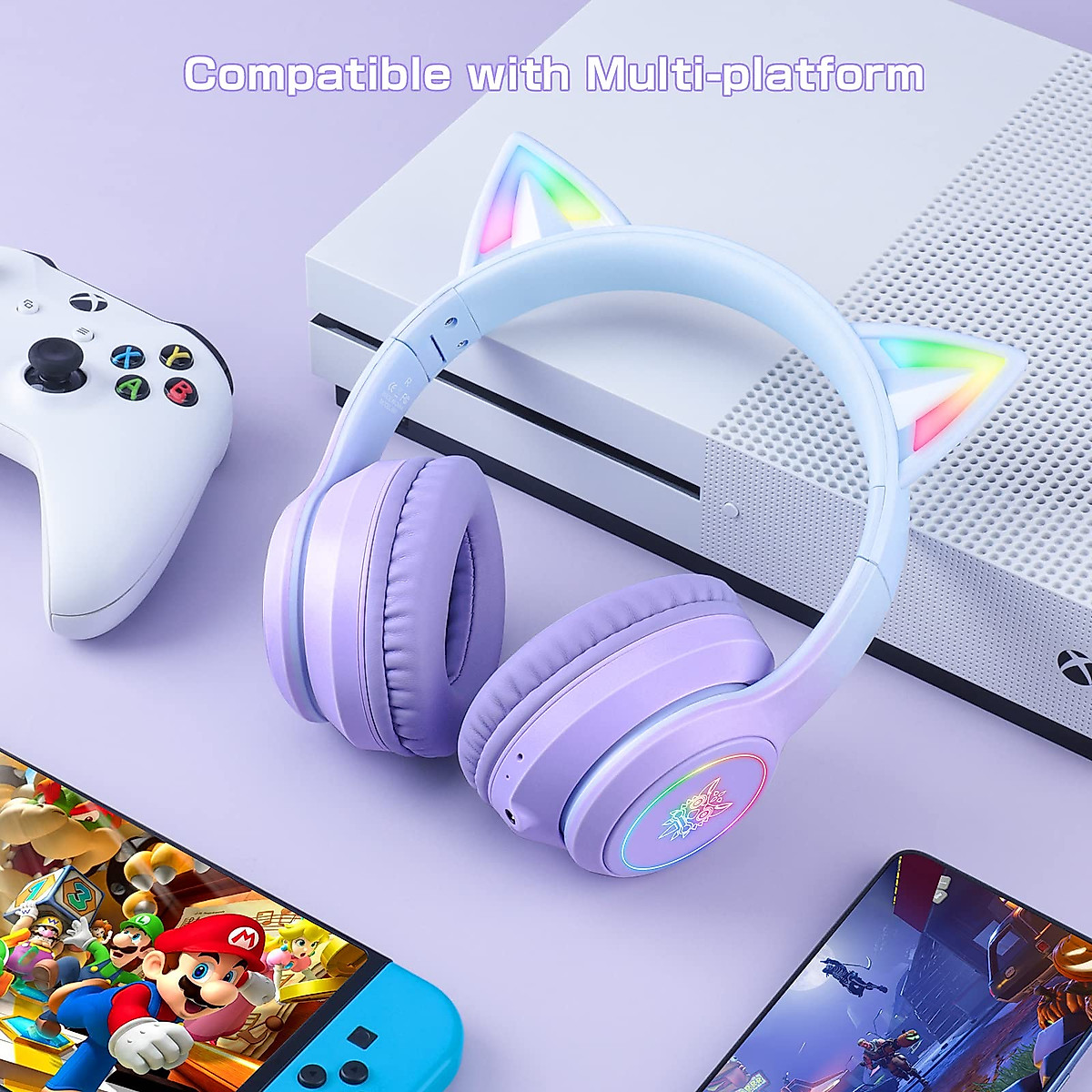 Bluetooth Cat Ear Headphones for Kids & Adults, Wireless & Wired Mode Foldable Headset with Mic - Clear Sound Quality - RGB LED Light, for Girls School Gaming, for Phone/Laptop/PC/Tablet, Purple