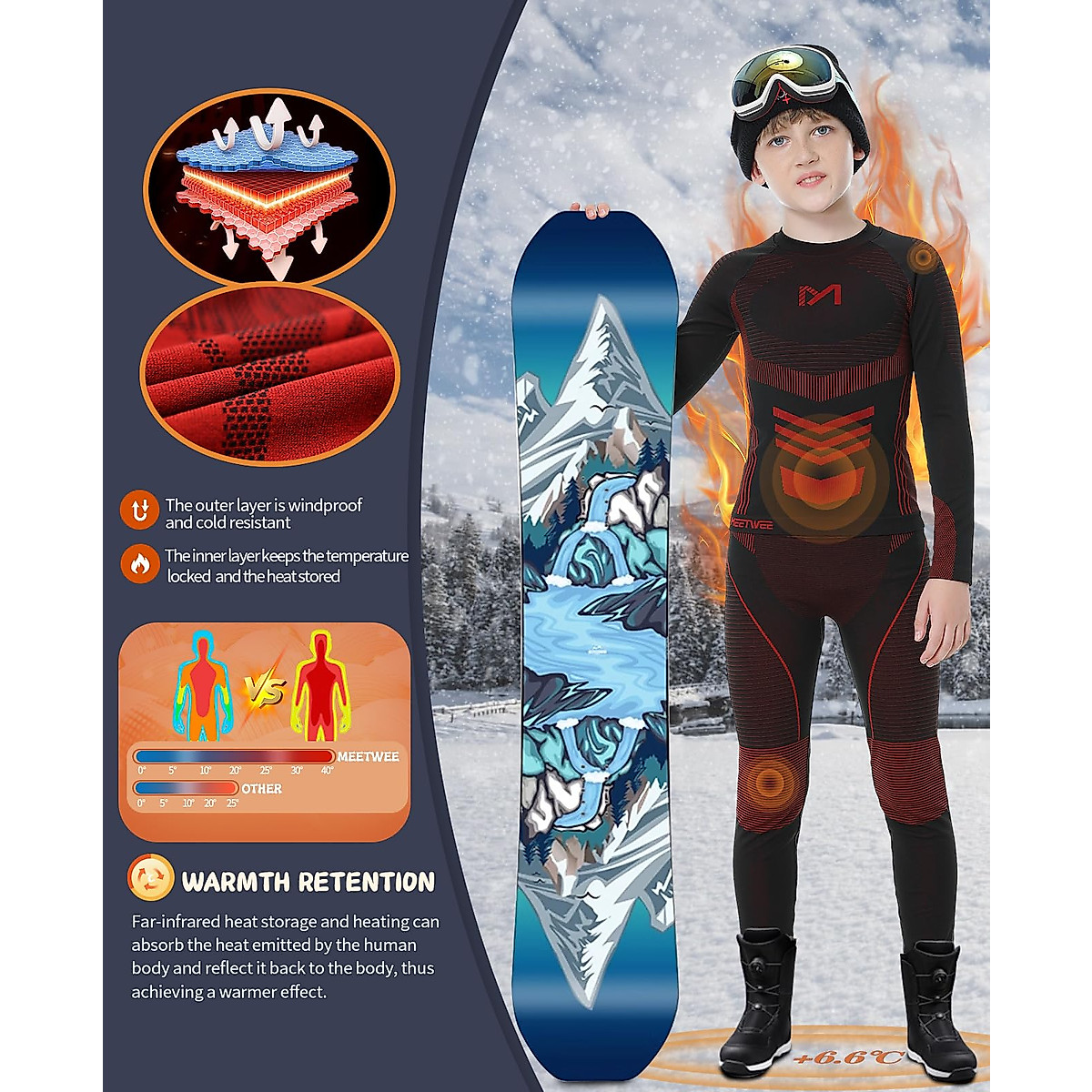 MeetHoo Children's Thermal Sets Skin-friendly Sports Base Layer Winter Ski Hunting Gear Underwear, Red, Medium