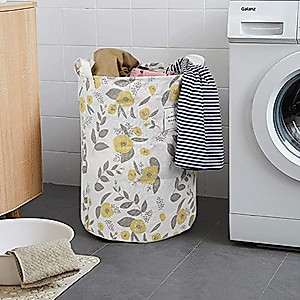 UUJOLY Collapsible Laundry Basket, Laundry Hamper with Handles Waterproof Round Cotton Linen Laundry Hamper Printing Household Organizer Basket, 19.7x15.7 inches, Yellow