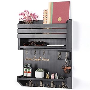Innovation Key Holder for Wall, Wall Mounted Mail Organizer, Key and Mail Holder for Wall with 9 Key Hooks, Key Racks for Home Entryway Decor, Pine Wood Luxury Black Plus
