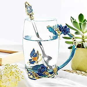 WOBOX 330ML Enamel Tea Cup Glass Coffee Mug Handmade Rose Flower Tea Mug for Valentine’s Day, Birthday, Christmas Gift with Stainless Steel Spoon Set