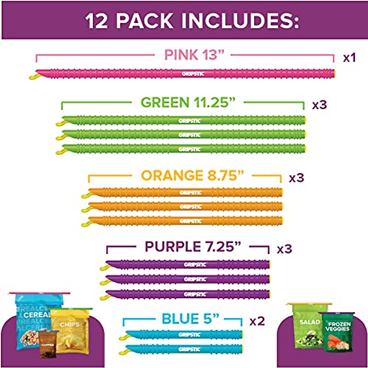 GripStic Bag Clips. 12pc Durable Food Clip Set For Kitchen Storage. Reusable Chip Bag Clips. Color Coded Bag Closure Sticks Provide Air Tight Seal. Durable Cereal Bag Clips. Chip Clips Reinvented.