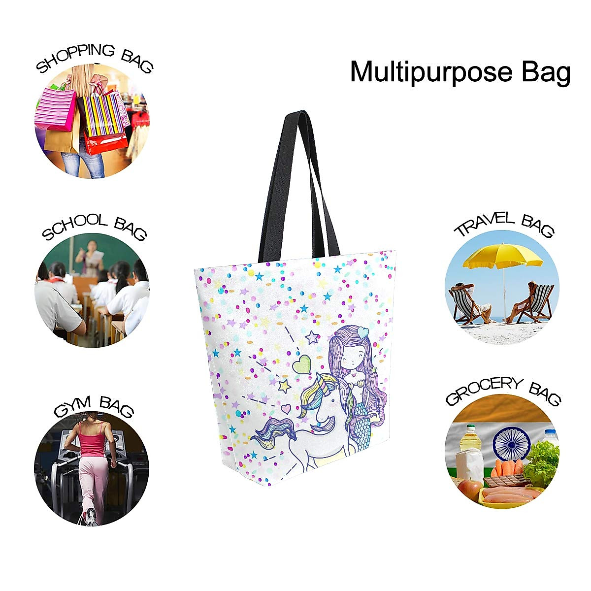 SUABO Tote Bag Unicorn Mermaid Girl Reusable Grocery Bags Canvas Shopping Bag for Women Outdoor