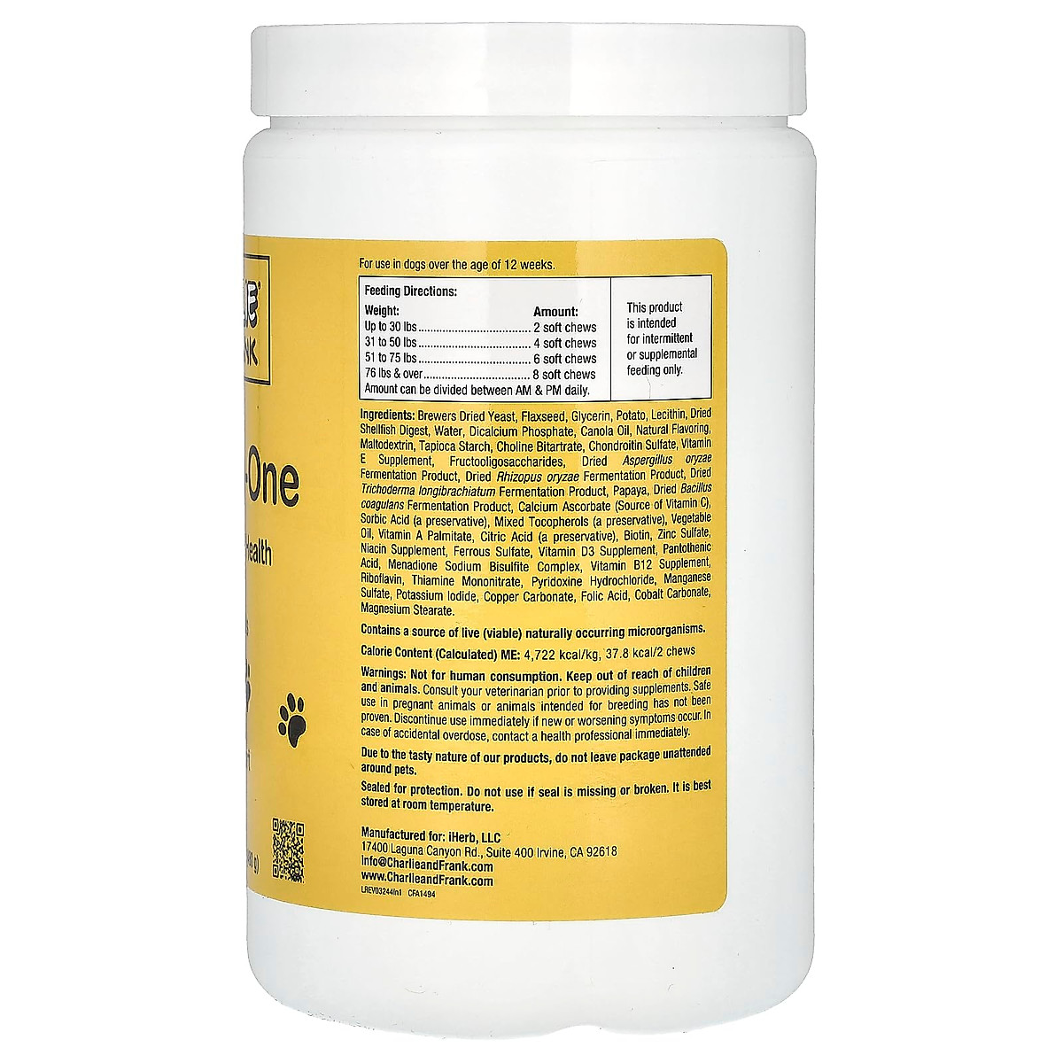 Charlie & Frank, Dog Four-in-One, Vitamins & Minerals, Probiotics, Joint Support, Healthy Skin & Coat, 120 Soft Chews