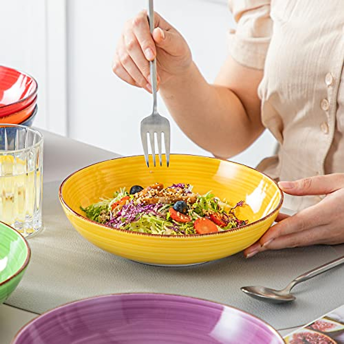 vancasso Bonita Pasta Bowls 38 oz, Large Ceramic Salad Bowls, Pasta Plates Bowl set of 6, Microwave & Dishwasher Safe Soup Bowls, Serving Bowls, Assorted Colors