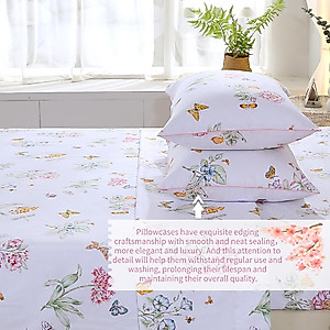 RYNGHIPY Egyptian Cotton Bed Sheets Full Size Set Garden Botanical Flowers Butterfly Sheets Set with Pillowcases Ultra Soft and Breathable Deep Pockets (White,Full Size)
