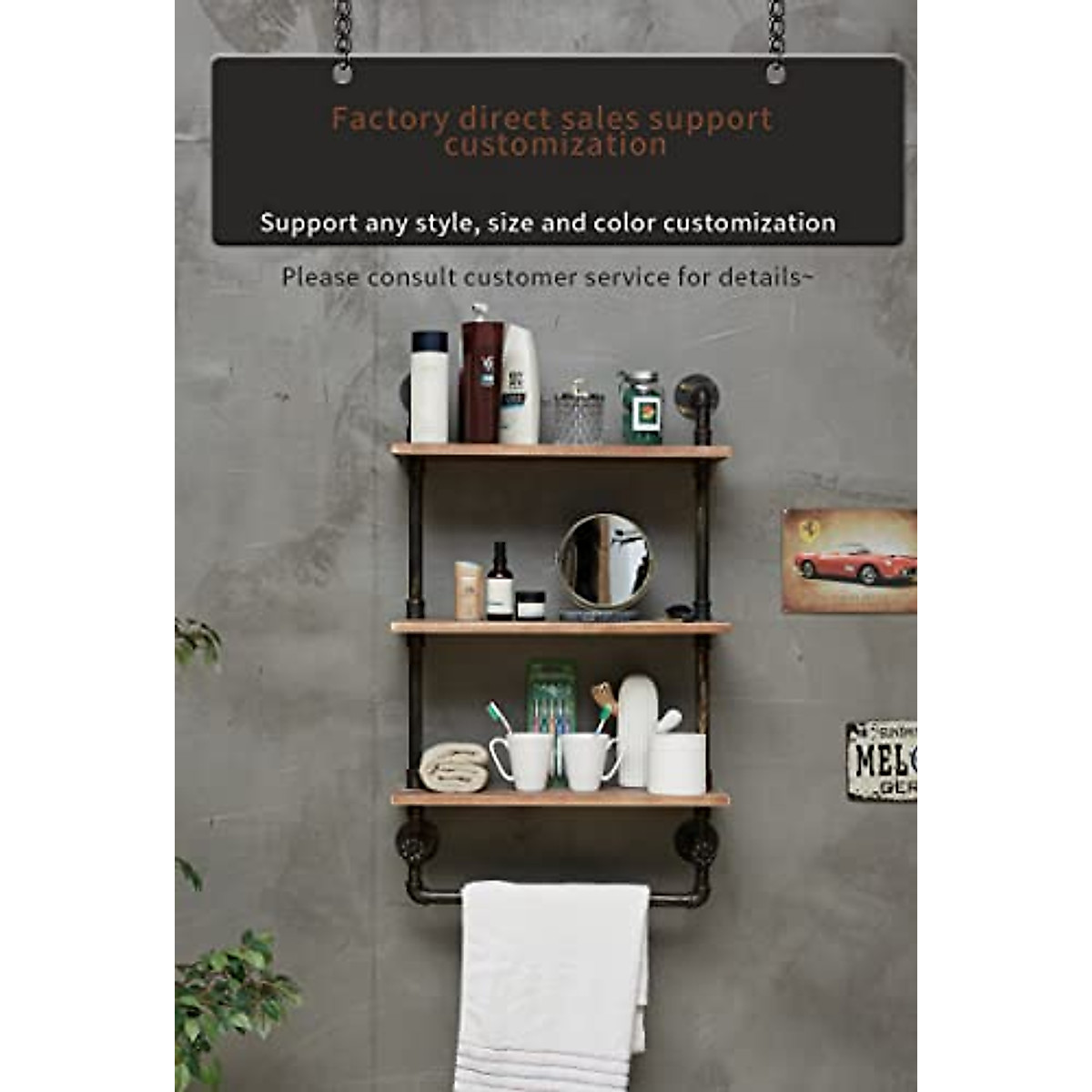 Nultuvalk Floating Shelving with Wood, Antique Wood Shelving with Towel Rail, Bathroom Industrial Pipe Rack, Wall Mounted 24" Living Room Farmhouse (Vintage Gold, 3Tier)