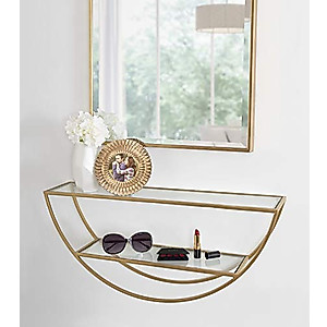 Kate and Laurel Tancill Modern Wall Shelf, 26 x 11, Gold with Clear Glass, Chic Two-Tier Half-Circle Shelf for Wall