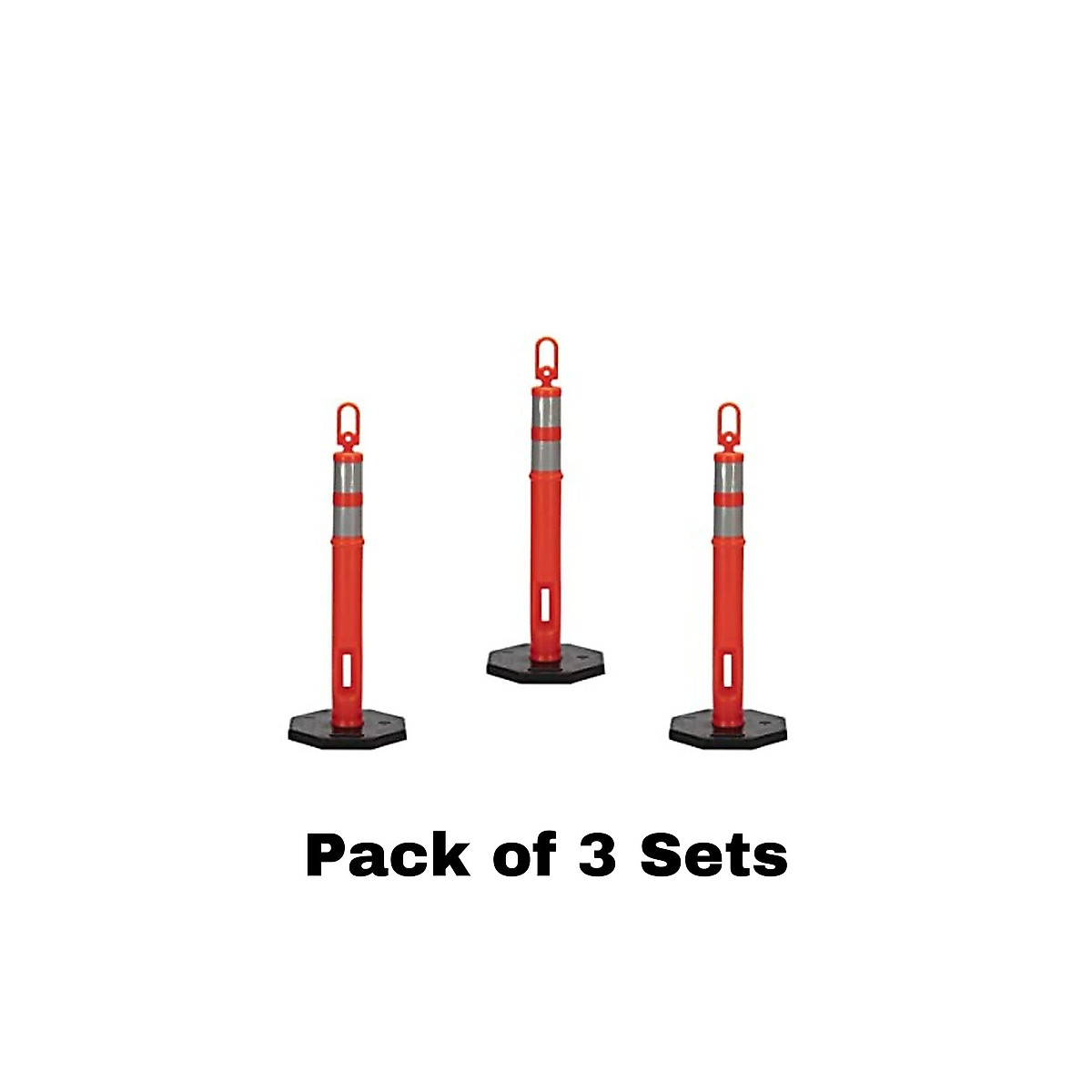CJ Safety (Pack of 3 Sets) 45" Orange Delineator Post Cone with 10 lbs. Rubber Base, 2 Reflective Bands (Set of 3 (Post & Base))