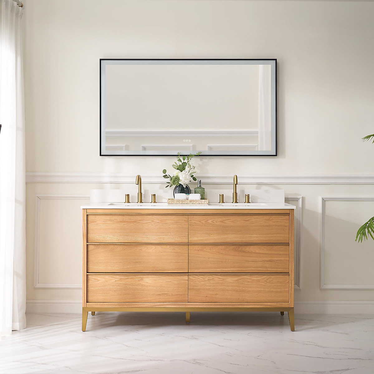 WELLFOR 60" Bathroom Vanity with Sink, Freestanding Wooden Bathroom Makeup Cabinet W/ 6 Soft-Close Drawers and Backsplash, Solid Wood Frame Bathroom Vanity (Light Oak)