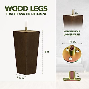 Yes4All 6 Inches Square Wood Furniture Legs Set of 4 - Wooden Replacement Feet for Couch, Bed, Bench - Adjustable Sofa, Ottomans Tapered Leg with Leveler - Brown Rubber Wood Parts for Table, Chair