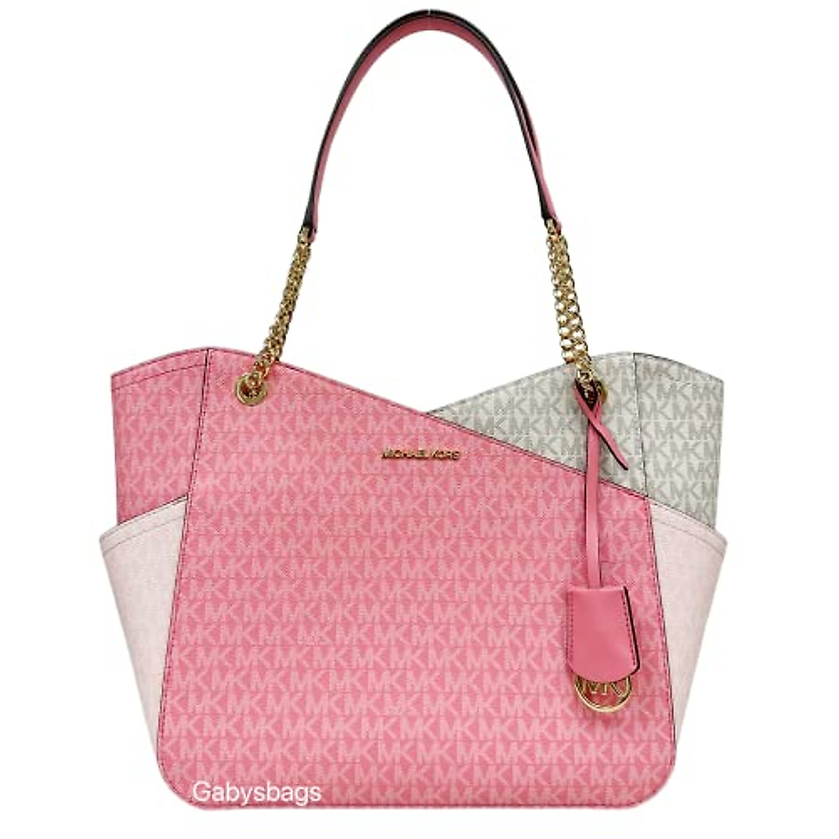 Michael Kors Jet Set Travel Large Chain Shoulder Tote Tea Rose Pink MK Signature Bundled Jet Set Travel Large Trifold Wallet Powder Blush Pink Saffiano