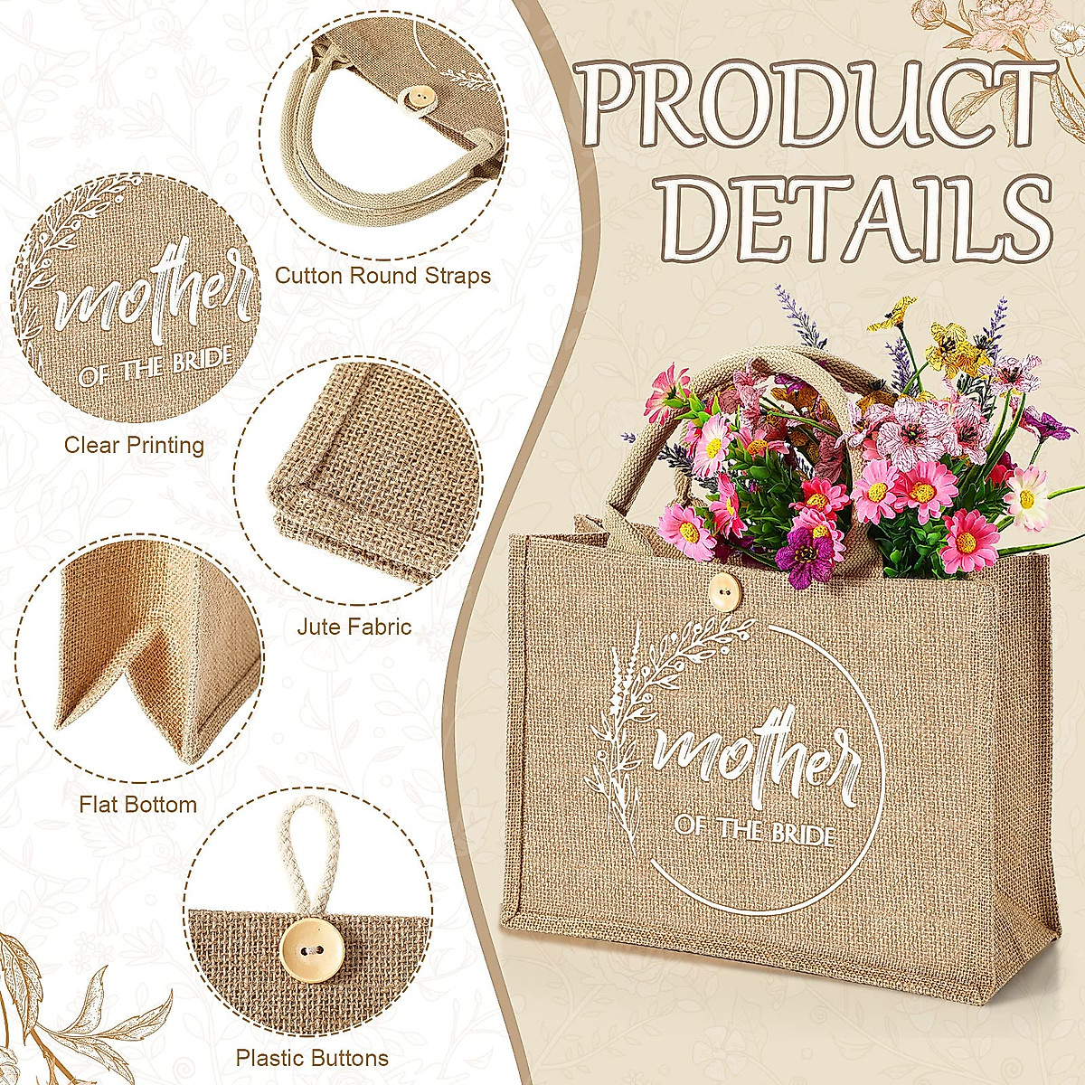 Coume 2 Pcs Mother of the Bride and the Groom Bags Wedding Gift for Guests Tote Bags with Handle Reusable Bridesmaid Gift Bags for Bridal Party Wedding Day (Brown, 15.8 x 11.8 x 5.9'')