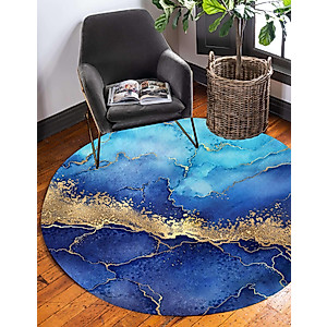 Turquoise Gold Marble Abstract Modern Round Area Rug for Livingroom Bedroom Ultra Soft Wool Circle Carpet Under Dining Table Office Circular Floor Rug 6ft