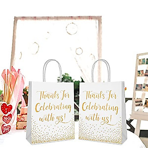 Queekay 80 Pcs Gold Wedding Welcome Bags for Hotel Guests Bulk Thanks for Celebrating with Us Paper Bags Gold Foil Kraft Paper Bags with Handles for Wedding, Baby Shower, Birthday (10 x 8 x 3 Inch)