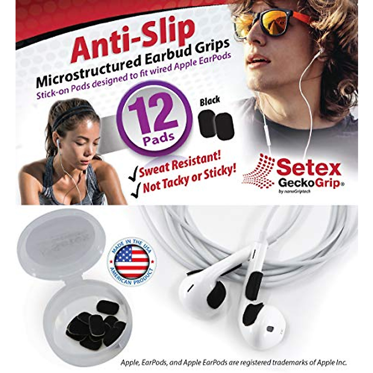 Setex Gecko Grip Black Anti-Slip Grip Pads Compatible with Apple Wired EarPods (12 Black Pads)