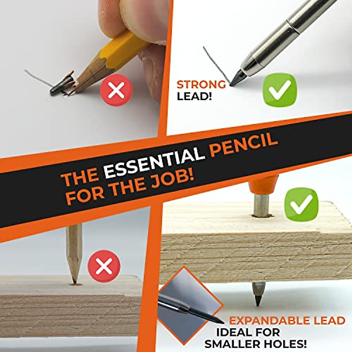 THORVALD Carpentry Pencil Set for Carpenter - Incl. 7 Leads + Sharpener - Solid Mechanical Pencils with Fine Point/Wood Marker/Best Marking tools for Construction/Carpenters/Drawing/Scriber