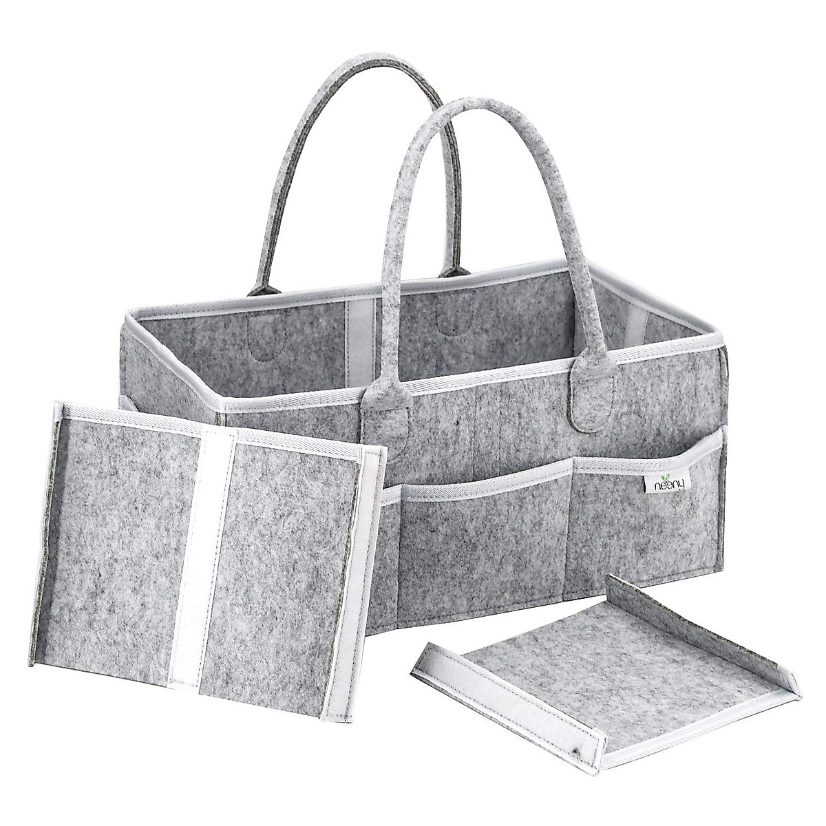 NEENY Baby Diaper Caddy Organizer – Portable Changing Table Storage Basket – Soft Felt Grey Nappy Bag Adjustable Compartments – Wipes Bottle Nursing Home & Car Travel – FREE Cotton Bib & Pacifier Clip