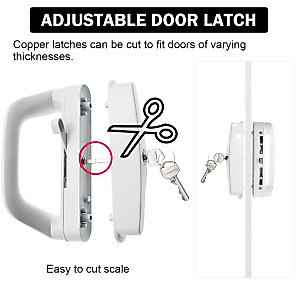Sliding Patio Door Handle Set with Key and Mortise Lock ,(White ) Replacement Glass Sliding Door Lock Thickness from 0.75in to 1.4in, 4-15/16" Screw Hole Spacing，Reversible Design，Keyed，Lock Outside