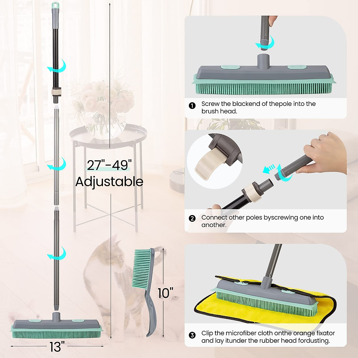 Conliwell Rubber Broom Carpet Rake for Pet Hair, Fur Remover Broom with Squeegee and 18" Professional Microfiber Mop Floor Cleaning System