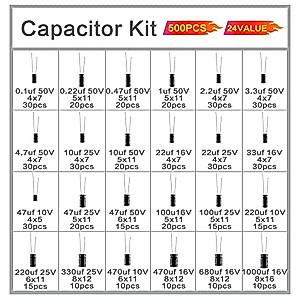YIWANSON 500 Pcs Capacitor Kit, Aluminum Radial Electrolytic Components, 24 Value Range 0.1uF - 1000uF 10v/16v/25v/50v Capacitors Assortment Kit for Repair TV, LCD Monitor, Radio, Car Audio