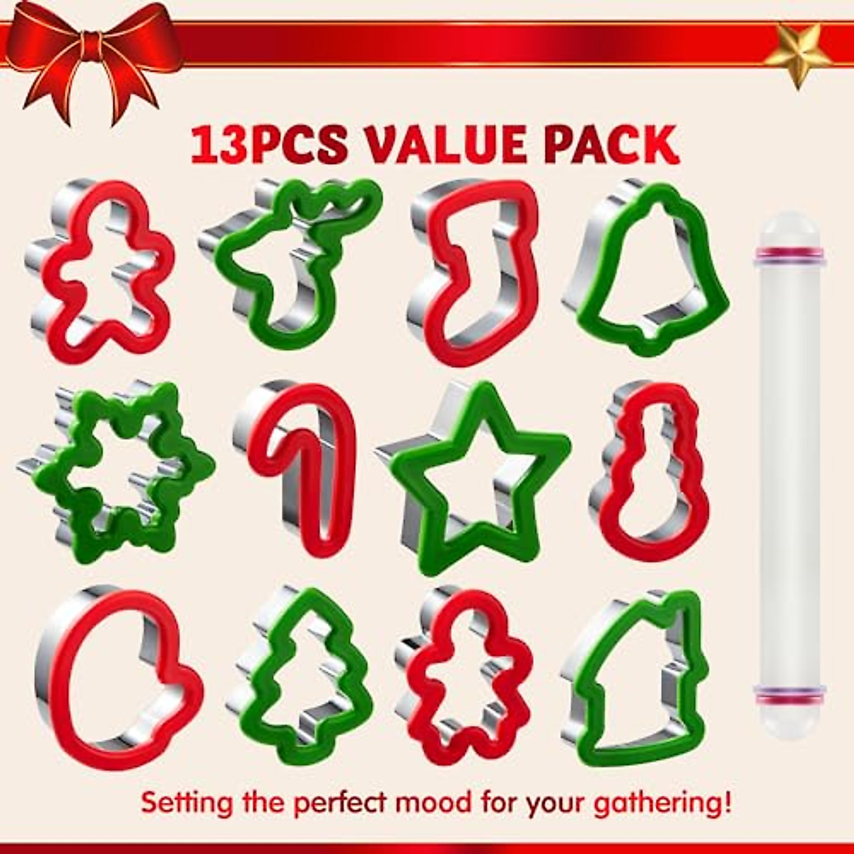JOYIN 13 Pcs Stainless Steel Christmas Cookie Cutters with Comfort Grip 3.5í plus a Rolling Pin for Large Holiday Cookies, Snowflake Cookies, Gingerbread Man Cookies, Christmas Party and Baking Gift