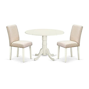 East West Furniture DLAB3-LWH-02 3Pc Round 42" Dining Room Table With Two 9-Inch Drop Leaves And 2 Parson Chair White Leg And Linen Fabric Light Beige, 3 Pieces