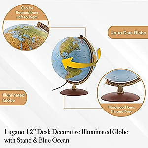 Waypoint Geographic Lugano Globe, 12" Illuminated Blue Ocean-Style Globe, Up-to-Date Globe, Reference Globe, Decorative World Globe For Home and Office Decor