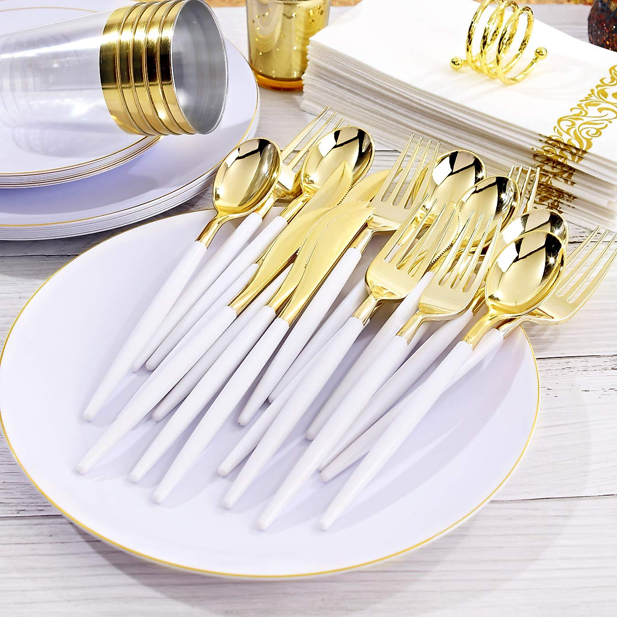 Nervure 140PCS White and Gold Plastic Plates & Disposable Gold Plastic Plates - 20 Dinner Plates, 20 Dessert Plates, 60 Gold Plastic Silverware, 20 Cups, 20 Napkins for Weddings & Party