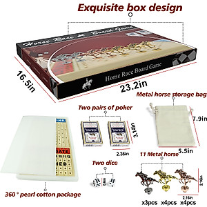 Grhonior Large 21 inches Horse Racing Board Game with 11 Luxury Metal Horses Thickened Wood Game Chessboard Including Dice and Cards FINISH LINE Race Game Board