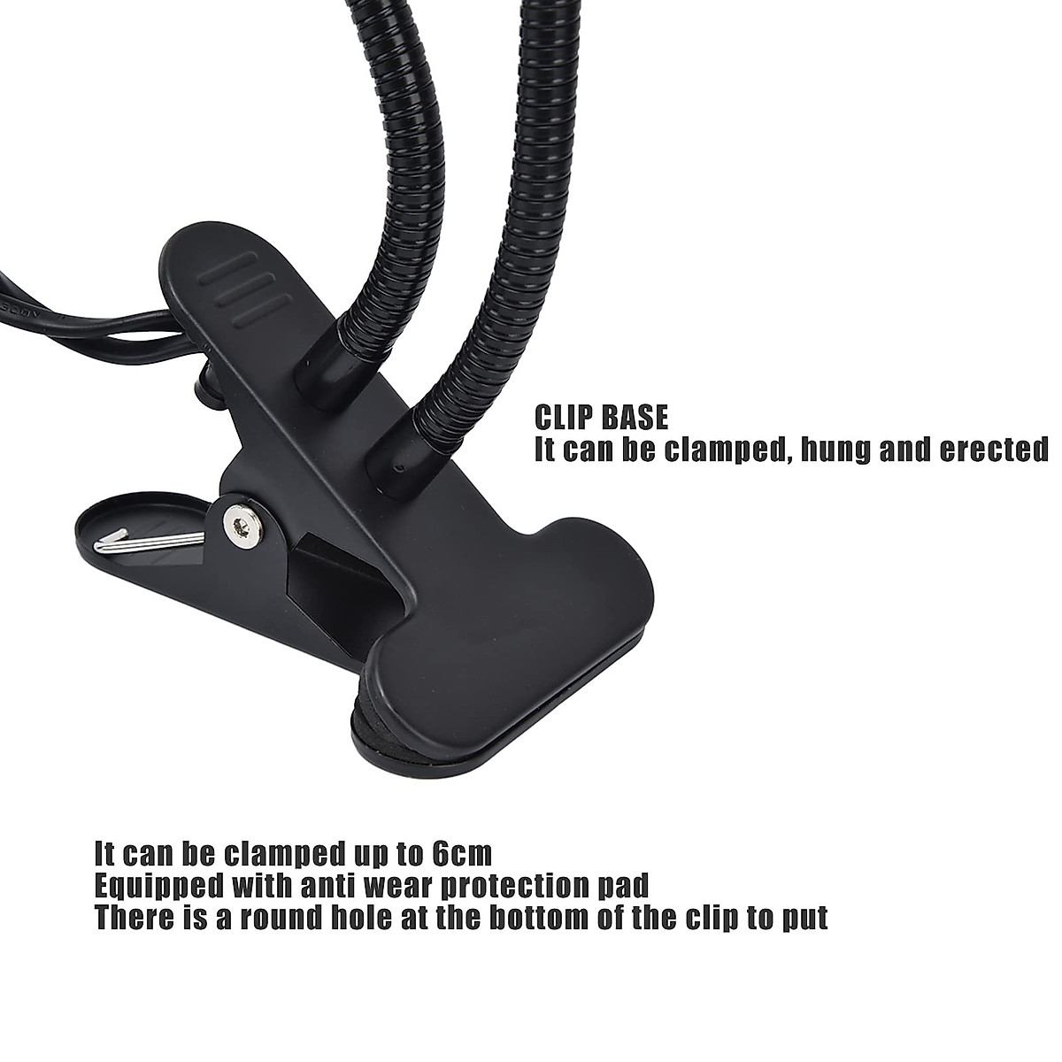 Luqeeg Clip Desk Lamp Socket, E26/E27 Reading Light Stand Clamp Lamp Fixture, 360 Degrees Two Head Clip on Light Bulb Holder with On/Off Switch and Clamp for Headboard Video Study Work, Black(#1)
