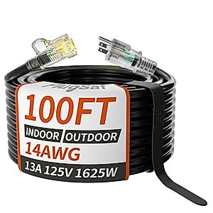 PlugSaf 14/3 Gauge Black Outdoor Extension Cord 100 ft Waterproof with Lighted Indicator, Cold Weatherproof -40°C, Flexible 3 Prong Long Extension Cord Outside,13A 1625W 14AWG SJTW, ETL Listed