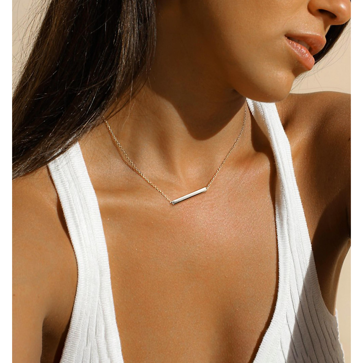 KristLand - Women Simple Bar Pendant Necklace Dainty 18K Gold Necklace Rose Gold Plated Simple Design Solid Circle, Heart Choker Chain Silver Necklaces for Women A Solid Bar Silver