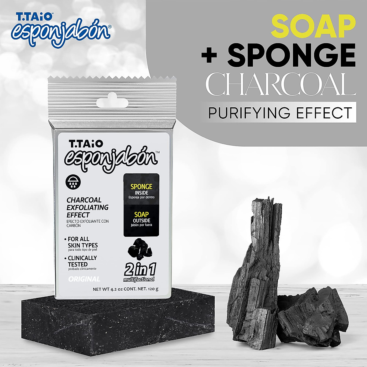 T.Taio Esponjabon Mother of Pearl and Charcoal Soap Sponges — Shower Scrubbers That Remove Oil and Dirt — Sponges to Scrub Foot, Elbow and Face — Bathroom Accessories — Fresh Scent (2-Pack)