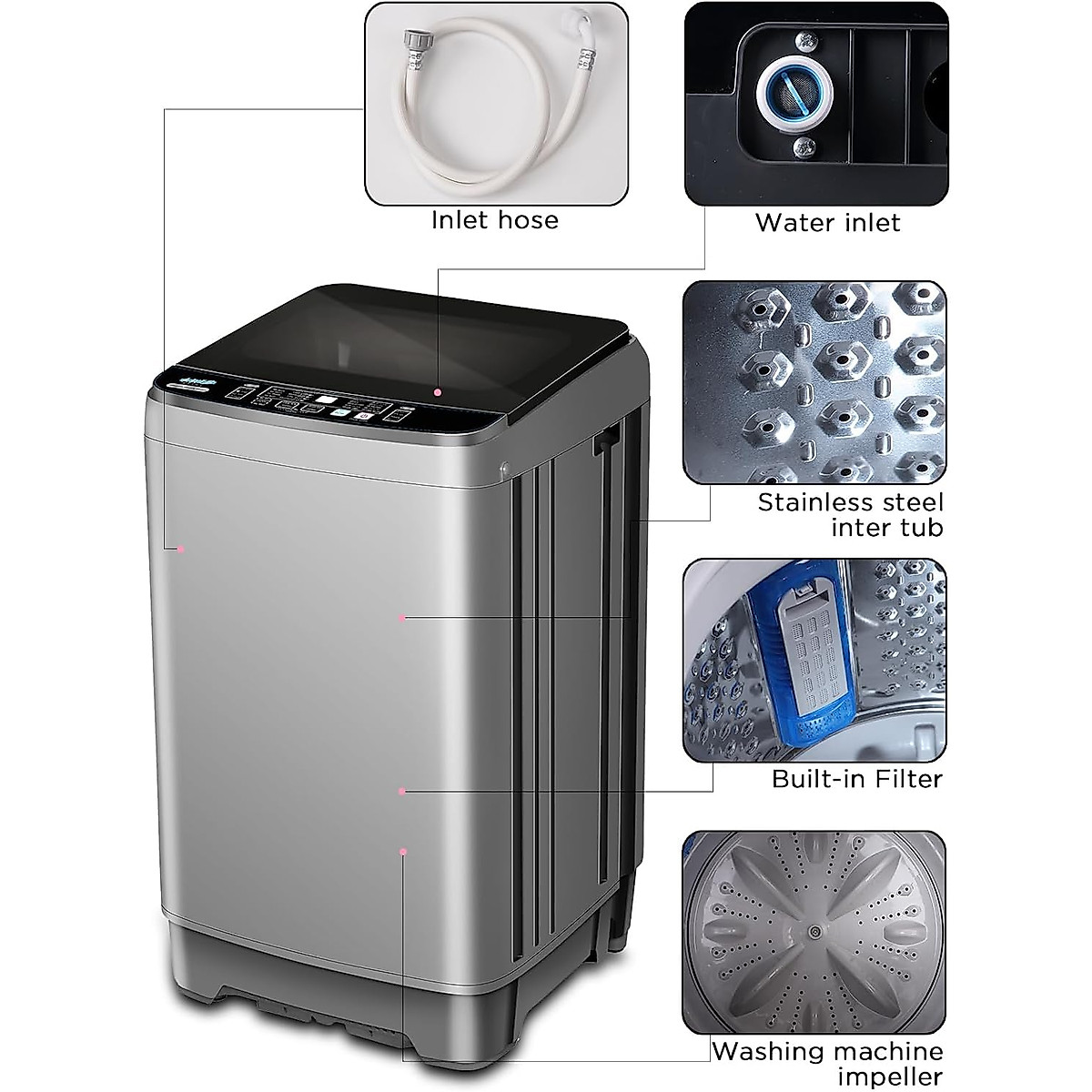 KRIB BLING Full-Automatic Washing Machine 25 lbs Portable Washer 10 Wash Program & 8 Water Level with LED Display，Drain Pump, Ideal for Apartments, RV, Camping, Grey