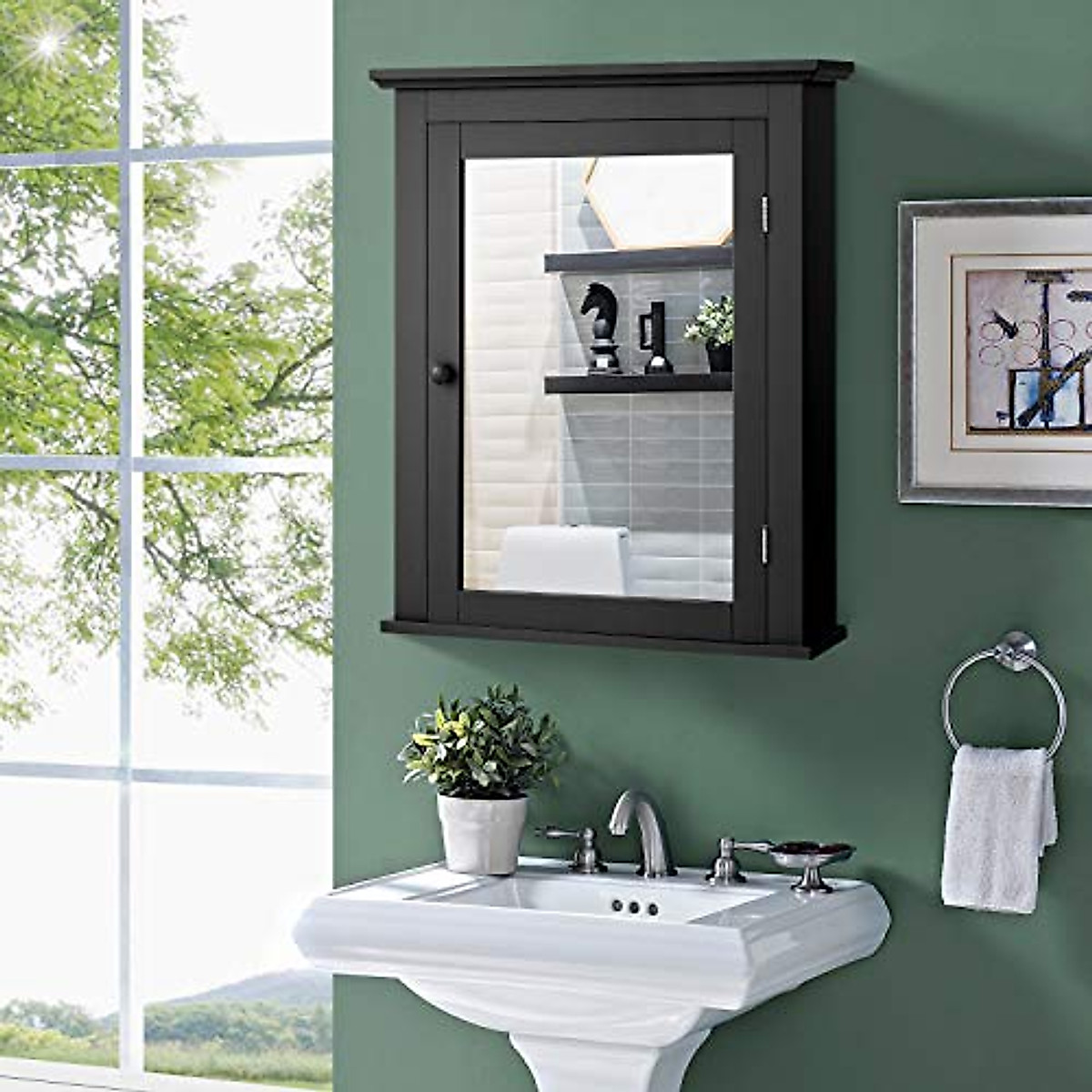 Tangkula Bathroom Cabinet with Mirror, Mirrored Wall-Mounted Storage Medicine Cabinet with Single Door & Adjustable Shelf in 5 Positions, Multipurpose Wall Cabinet for Bathroom Vestibule (Black)