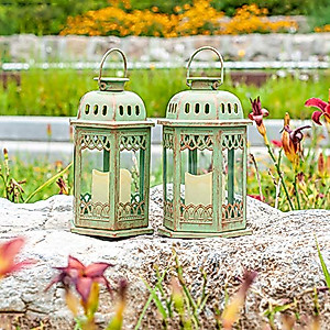 SteadyDoggie Solar Lanterns 2 Pack Green - Hanging Solar Lights with Flickering Candle LED - Retro Ornate Hanging Solar Lantern with Handle