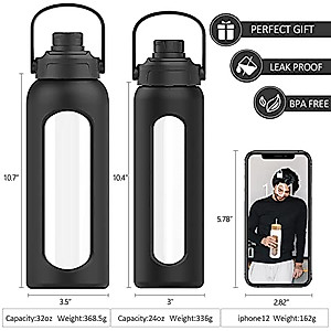 Kodrine Glass Water Bottles with Straw, 32 oz Water Bottle with 2 Lids - Handle Spout Lid & Bamboo Straw Lid, Motivational Water Bottle with Silicone Sleeve, Wide Mouth, Leakproof, BPA Free(Black)