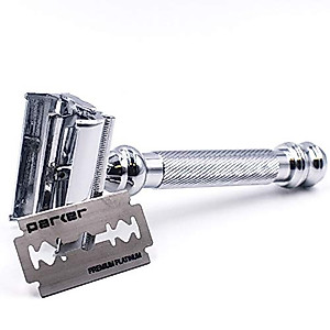 Parker 99R Chrome Long Handle Heavyweight Butterfly Open Double Edge Safety Razor for Men, 5 Parker Premium Platinum Double Edge Razor Blades Included
