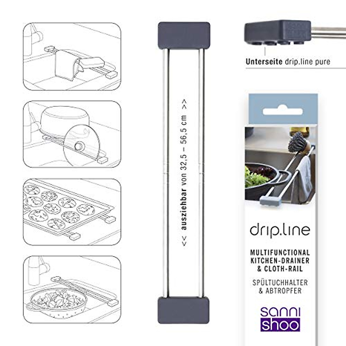 Sanni Shoo drip.line Pure - Adjustable Drip Tray - Practical, Multifunctional Kitchen Rack for Storing Dishcloths and Brushes Hygienically - Drip Drying Bottles - Heat-Resistant (Anthracite, Pure)