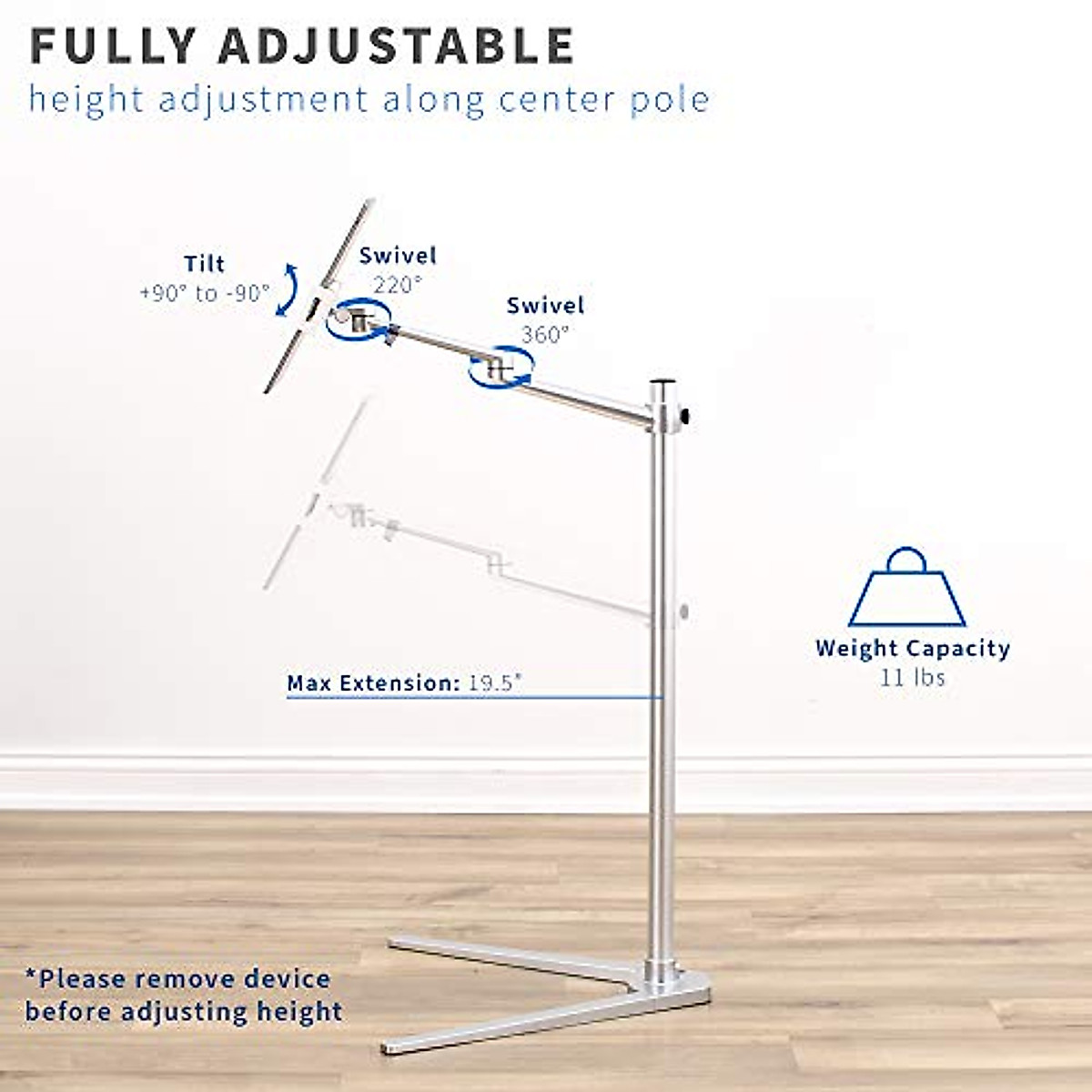 VIVO Aluminum Laptop Floor Stand for 4 to 14 inch Mobile Phones & Tablets, 12 to 17 inch Laptops, Height Adjustable 360 Degree Rotating Arm with Ventilated Tray, Silver STAND-LAP1F